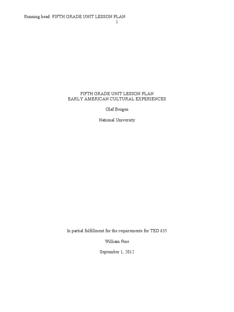 Fifth Grade Early American Lesson Plan | PDF | Lesson Plan ...