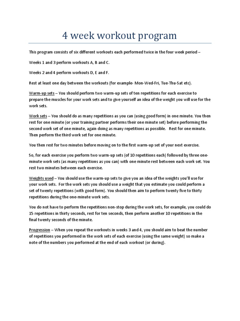 4 Week Workout Program | Download Free PDF | Physical Exercise | Human ...