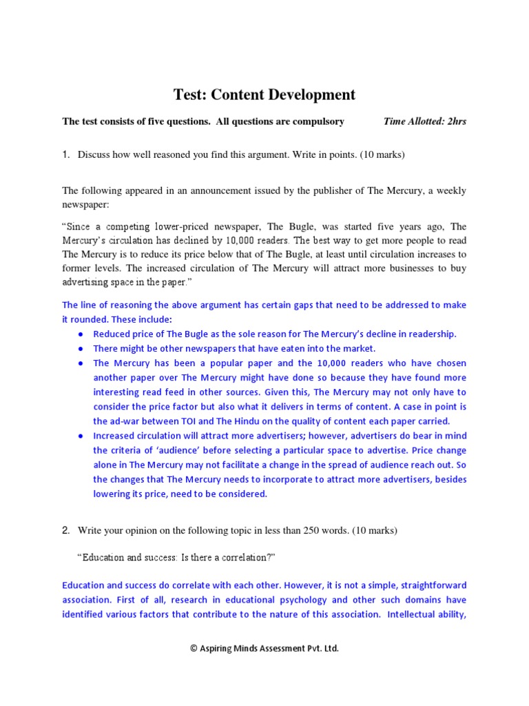 Test: Content Development: The Test Consists of Five Questions. All ...