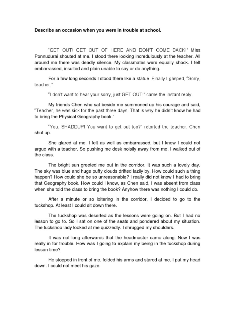 Describe An Occasion When You Were in Trouble at School | PDF