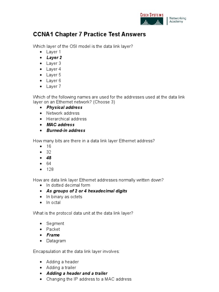 CCNA1 Chap7 Practice Testanswers | PDF | Computer Network | Network ...