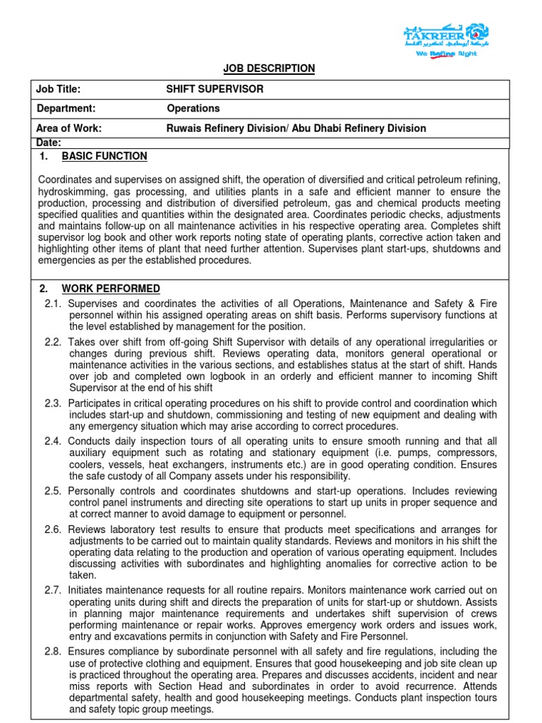 Shift Supervisor | PDF | Safety | Oil Refinery