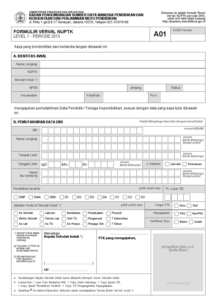 Contoh Form A01, A02, A03, A04 Verval NUPTK | PDF