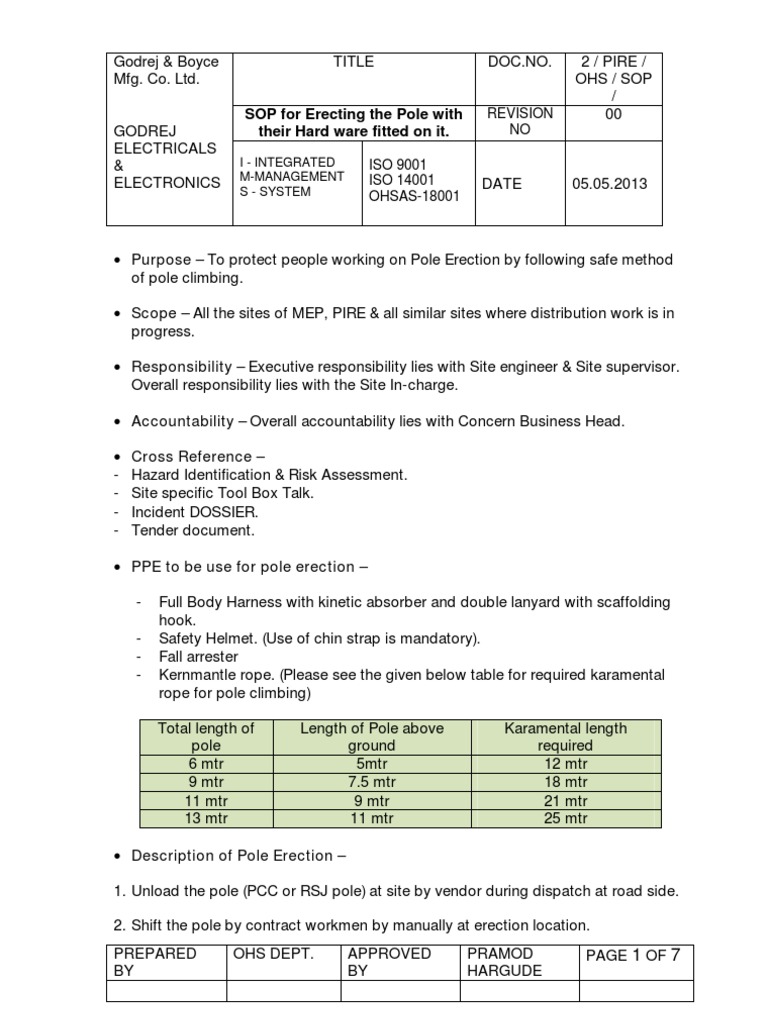 SOP For Pole Erection With All Hard Wire | PDF | Rope