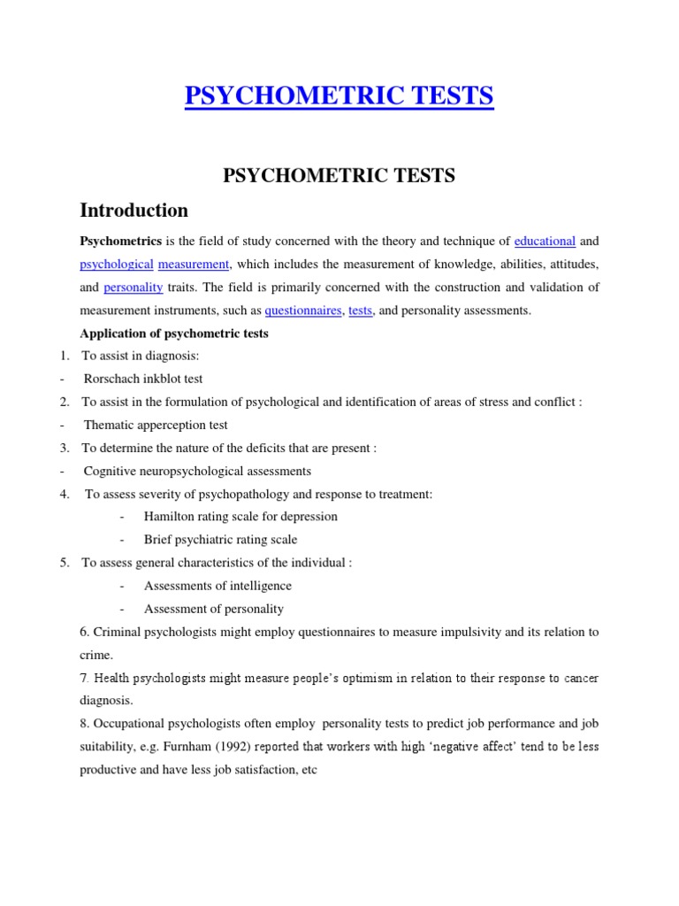 Psychometric Tests | PDF | Wechsler Adult Intelligence Scale ...