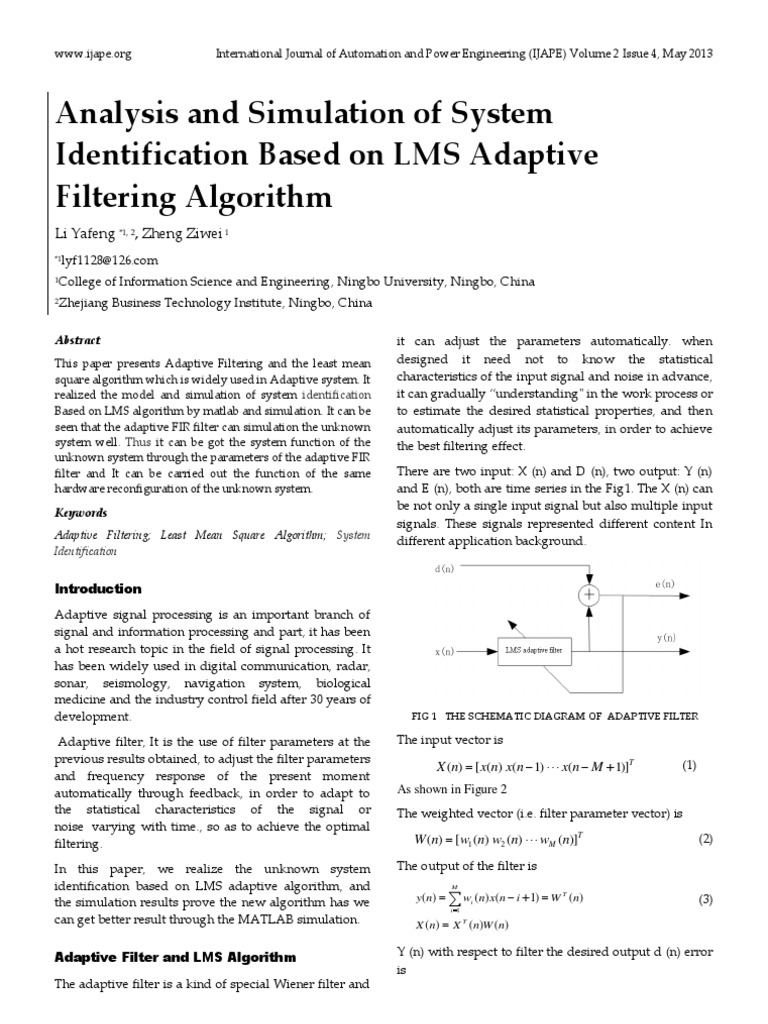Analysis And Simulation Of System Identification Based On Lms Adaptive Filtering Algorithm Pdf