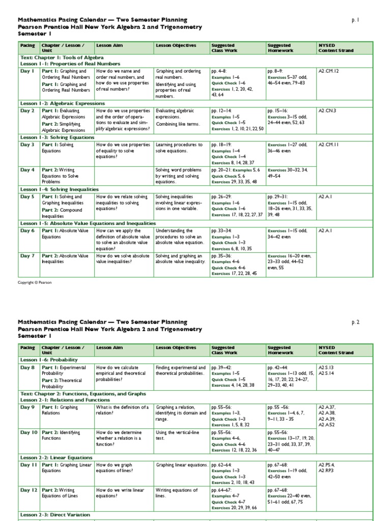 Pearson Algebra 2 Trigonometry Two Semester Pacing Calendar | PDF ...