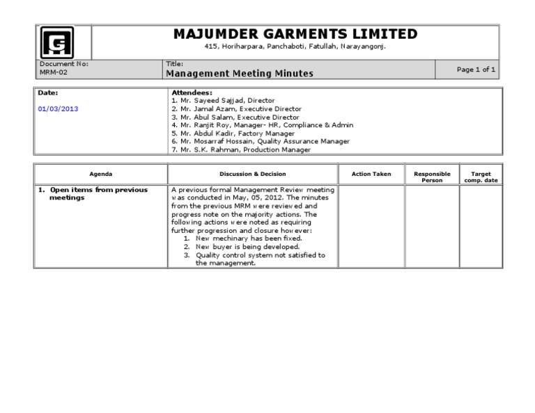 Sample Management Meeting Minutes