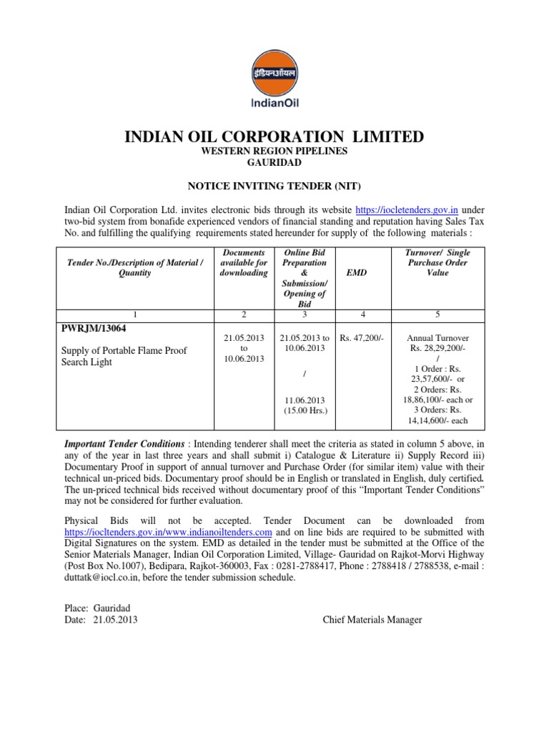 IOCL NIT for Supply of Portable Flame Proof Search Lights | PDF | Legal ...