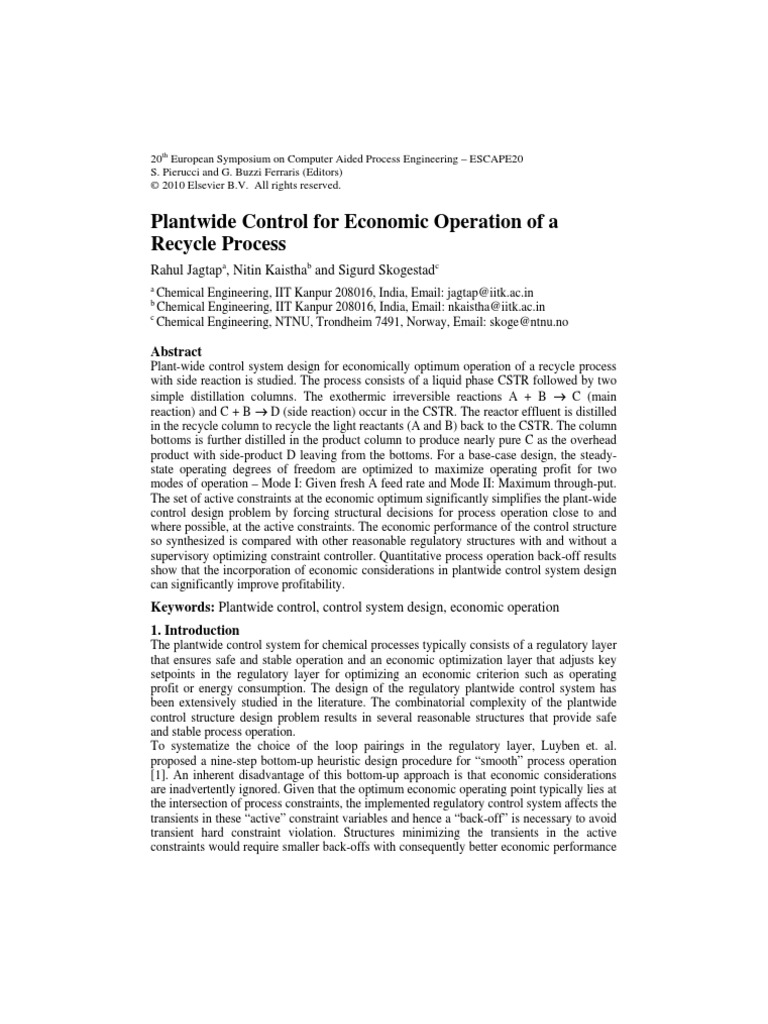Plantwide Control For Economic Operation of A Recycle Process | PDF | Distillation | Chemical ...
