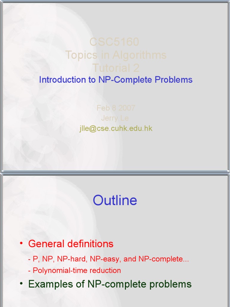 CSC5160 Topics in Algorithms Tutorial 2: Introduction To NP-Complete ...