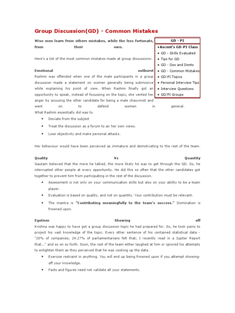Group Discussion (GD) - Common Mistakes: Wise Men Learn From Others ...