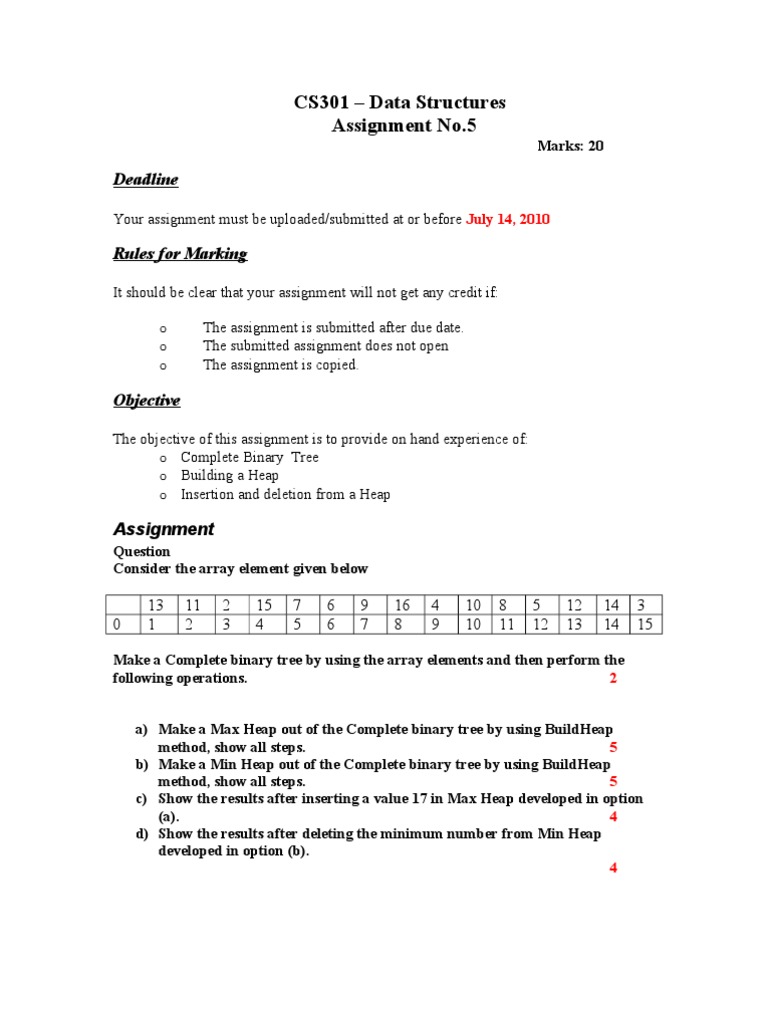 CS301 - Data Structures Assignment No.5: Deadline | PDF | Computing | Areas Of Computer Science