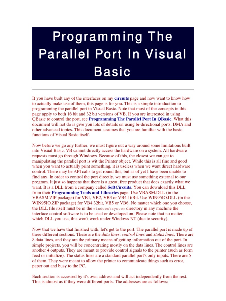Programming The Parallel Port in Visual Basic | PDF | Subroutine | Bit Programming The Parallel Port in Visual Basic | PDF | Subroutine | Bit
