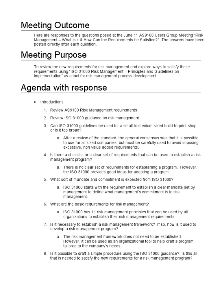 AS9100 Agenda 06-11-09 Risk Management Meeting Notes | PDF | Risk ...
