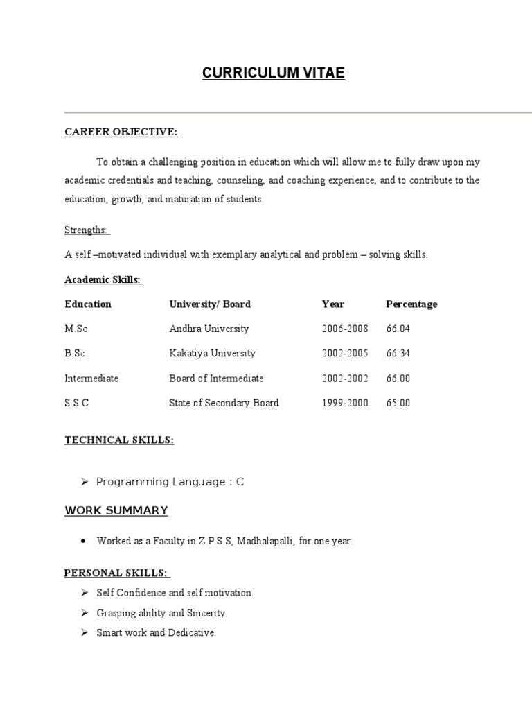 Curriculum Vitae: Career Objective | PDF