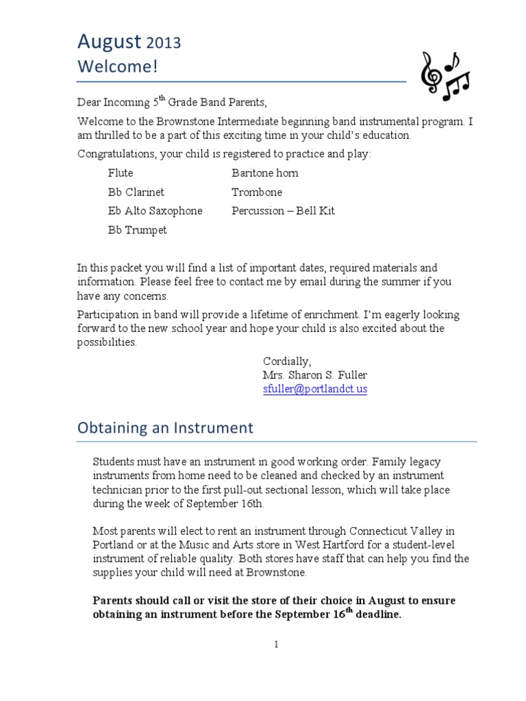 Welcome Letter August 2013 Final Beginning Band Parents | PDF | Musical ...
