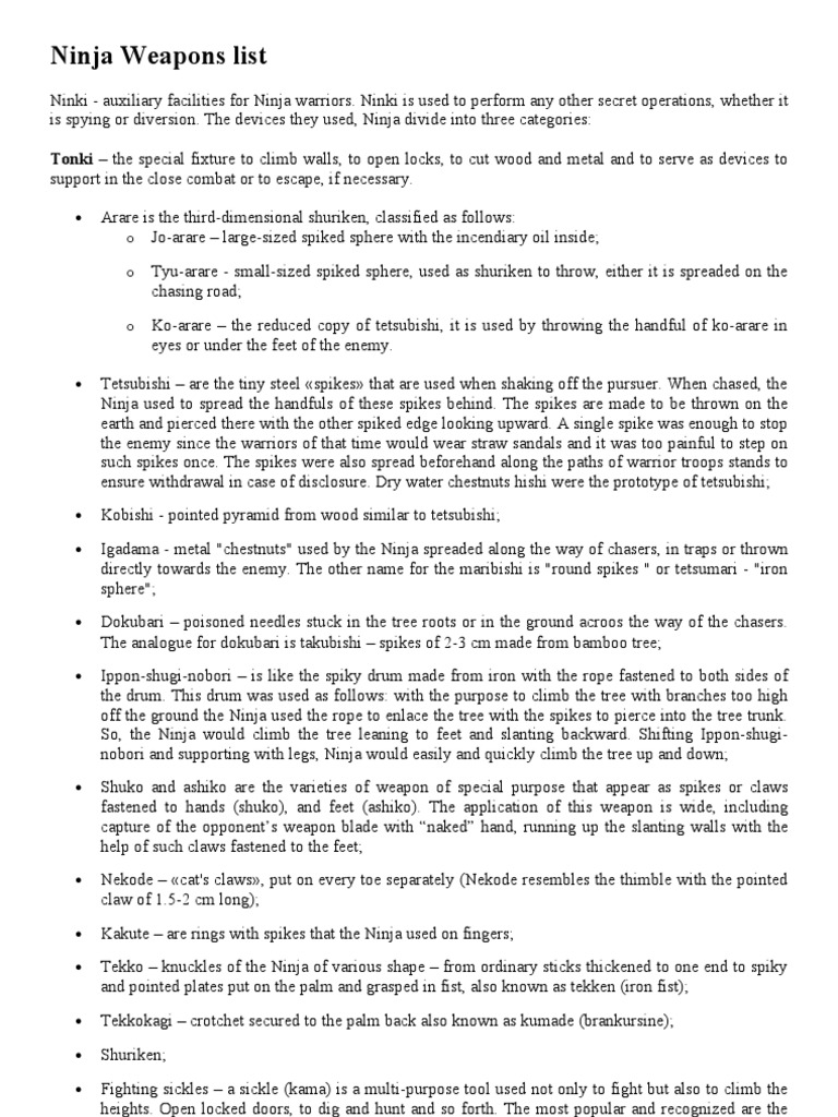 Ninja Weapons List | Download Free PDF | Ninja | Armed Conflict