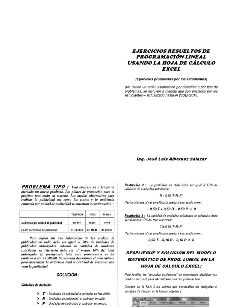 Ejercicios Con Solver | PDF | Programación lineal | Hoja de cálculo