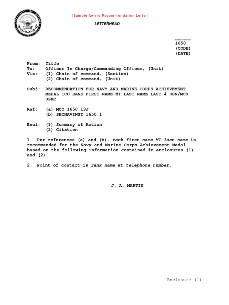 Award Recommendation Ltr | United States Marine Corps | Sergeant