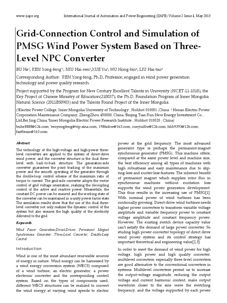 Grid Connection Control and Simulation of PMSG Wind Power System Based On Three Level NPC ...