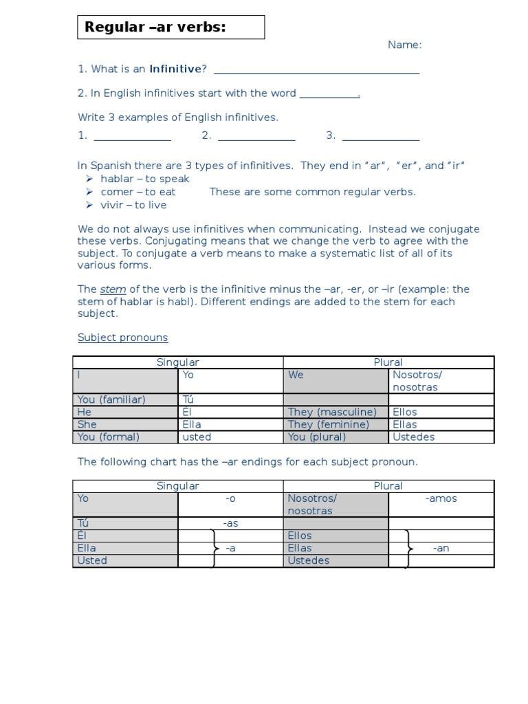 Ar Verbs Present Tense Handout | PDF | Grammatical Conjugation | Verb