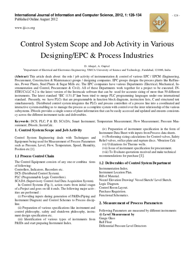 Control System Scope and Job Activity in Various Designing/EPC ...