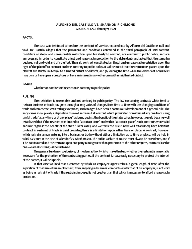 Contract Validity: Castillo vs. Shannon | PDF | Restraint Of Trade ...