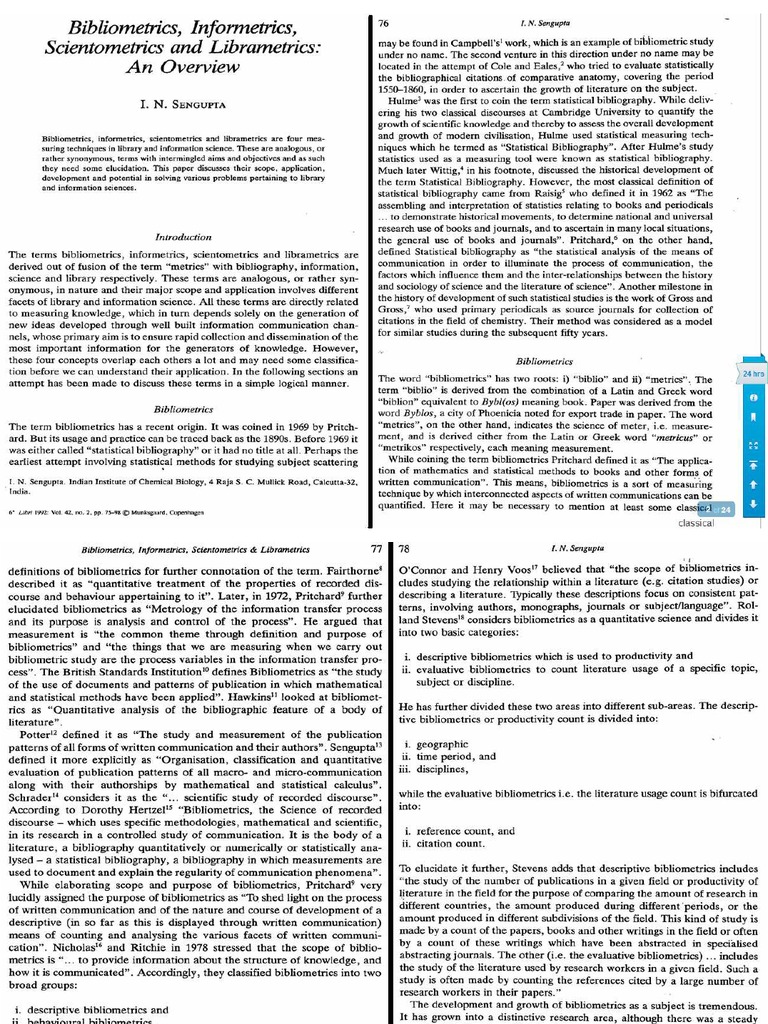 Sengupta - Bibliometrics, Informetrics, Scientometrics and Librametrics - An Overview | PDF