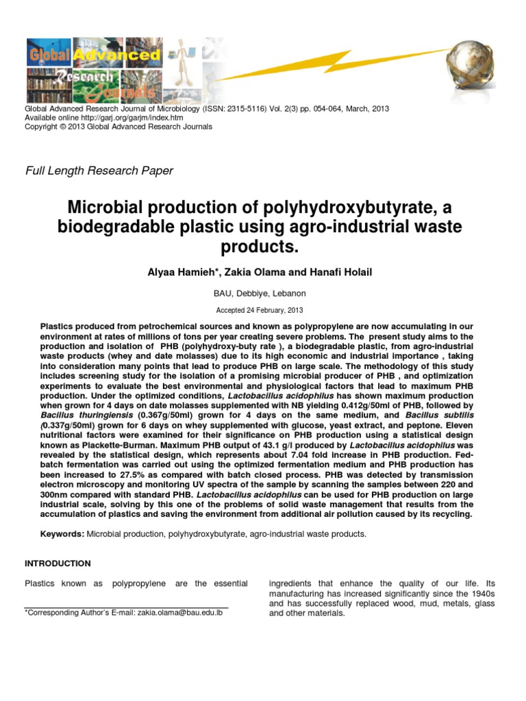 Microbial Production of Polyhydroxybutyrate, A Biodegradable Plastic ...