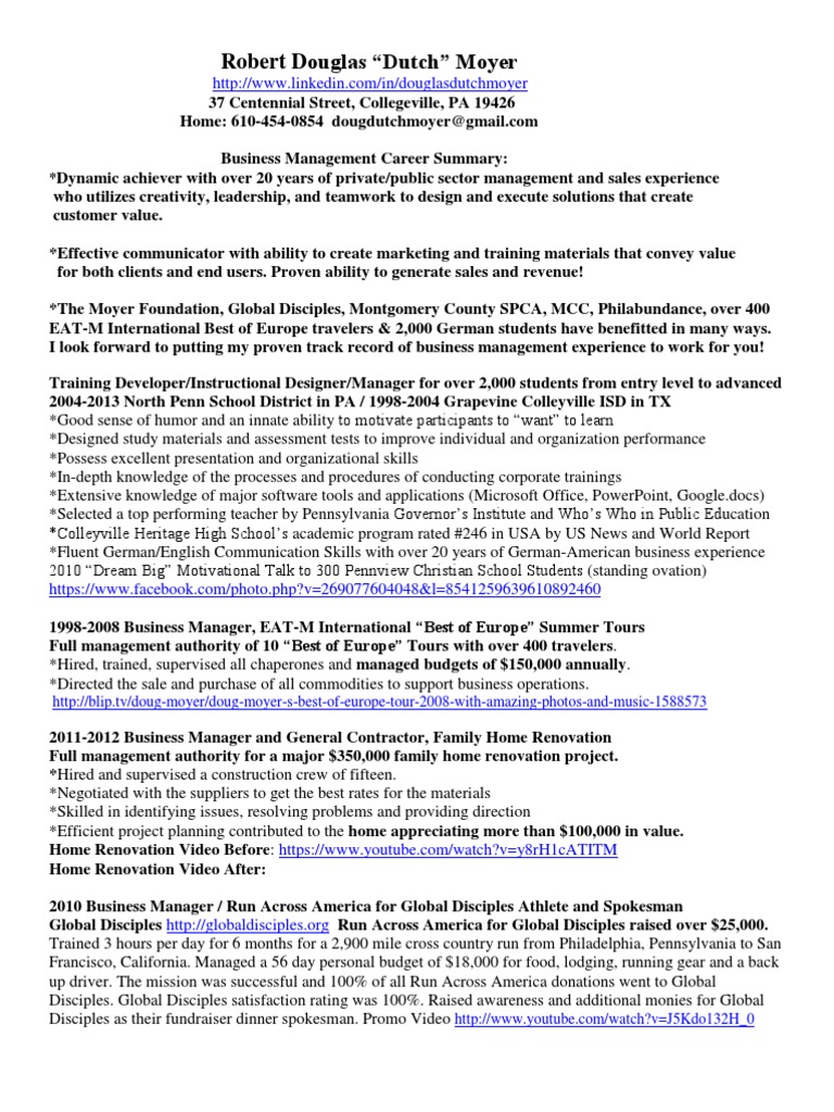 Robert Douglas "Dutch" Moyer's Business Management / Sales Resume | PDF ...