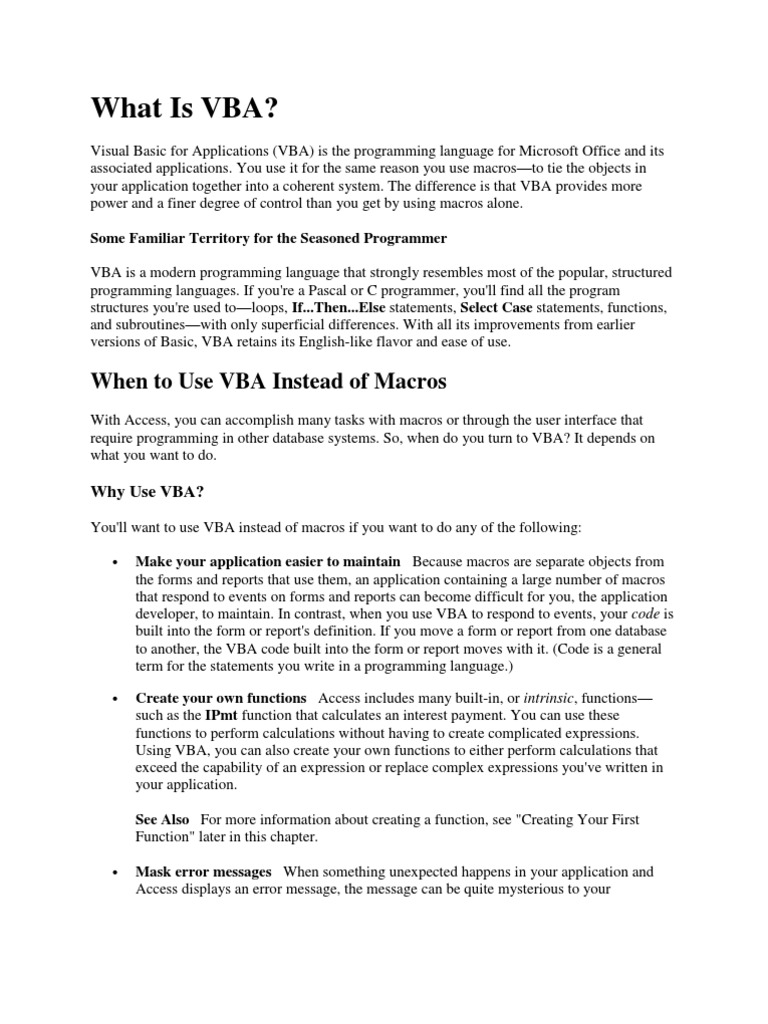 What Is VBA?: When To Use VBA Instead of Macros | PDF | Visual Basic For Applications | Macro ...