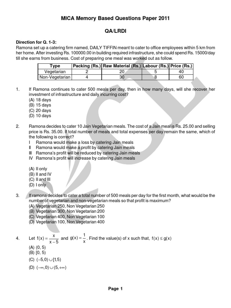 MICA Memory Based Questions Paper 2011 Qa/Lrdi: Direction For Q. 1-3 ...