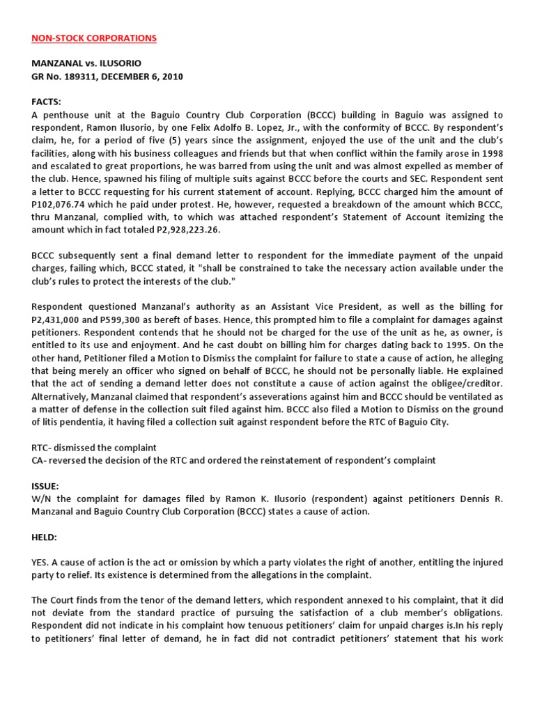 Baguio Club Dispute: Ilusorio vs. BCCC | PDF | Complaint | Cause Of Action