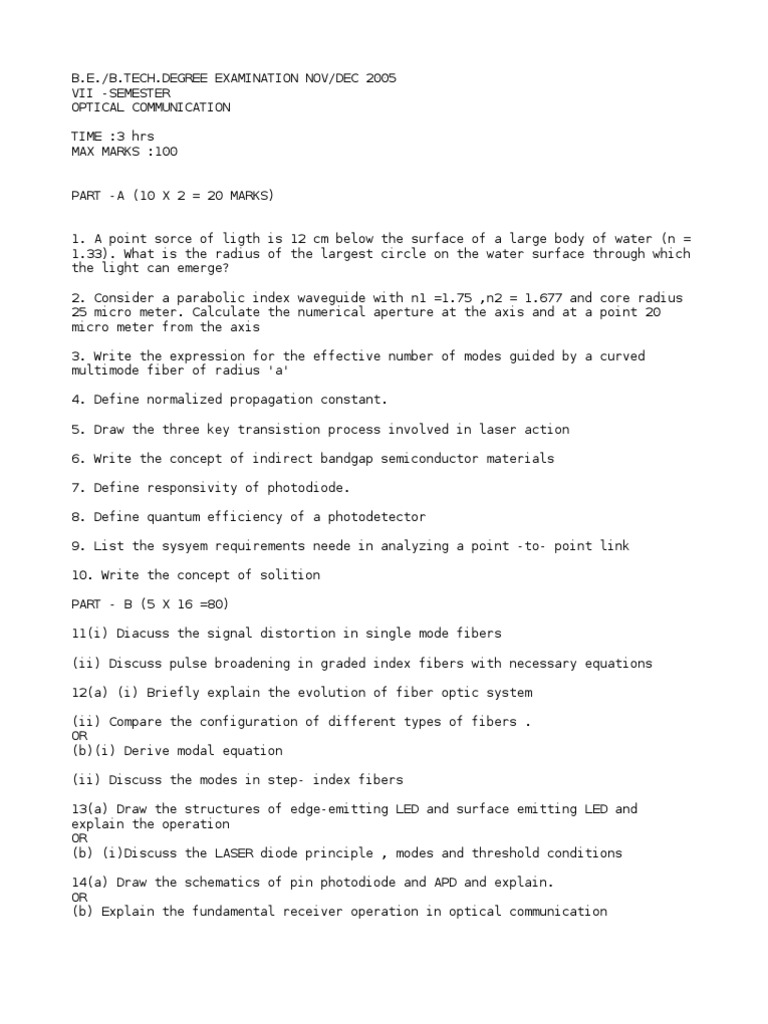 Optical Communication Exam Papers Summary | PDF | Optical Fiber ...