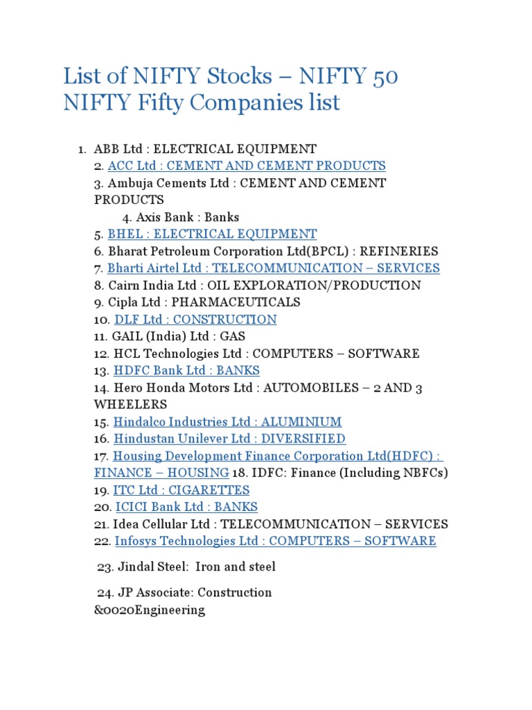 List of NIFTY Stocks – NIFTY 50 NIFTY Fifty Companies list
