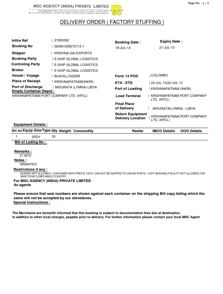 Delivery Order (Factory Stuffing) | PDF | Bill Of Lading | Logistics