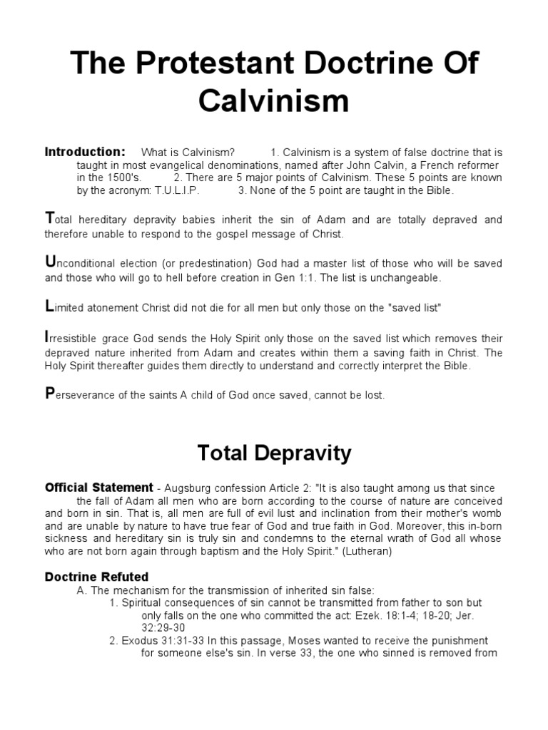 The Protestant Doctrine of Caivinism: Total Depravity | PDF ...