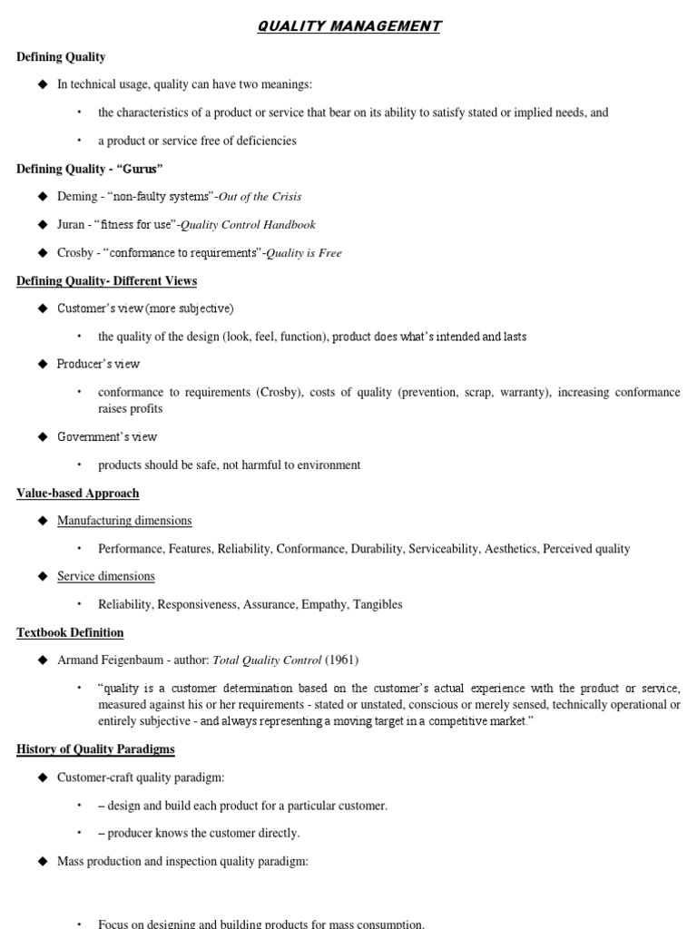 QUALITY MANAGEMENT NOTES U-1.docx | Quality Management | Quality Assurance
