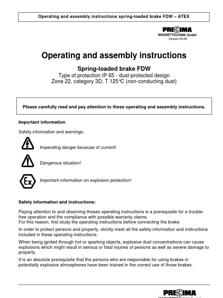 Precima Frenos FDW ATEX Operating Instructions | PDF | Brake | Screw