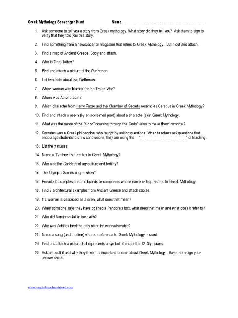 Greek Mythology Scavenger Hunt | PDF