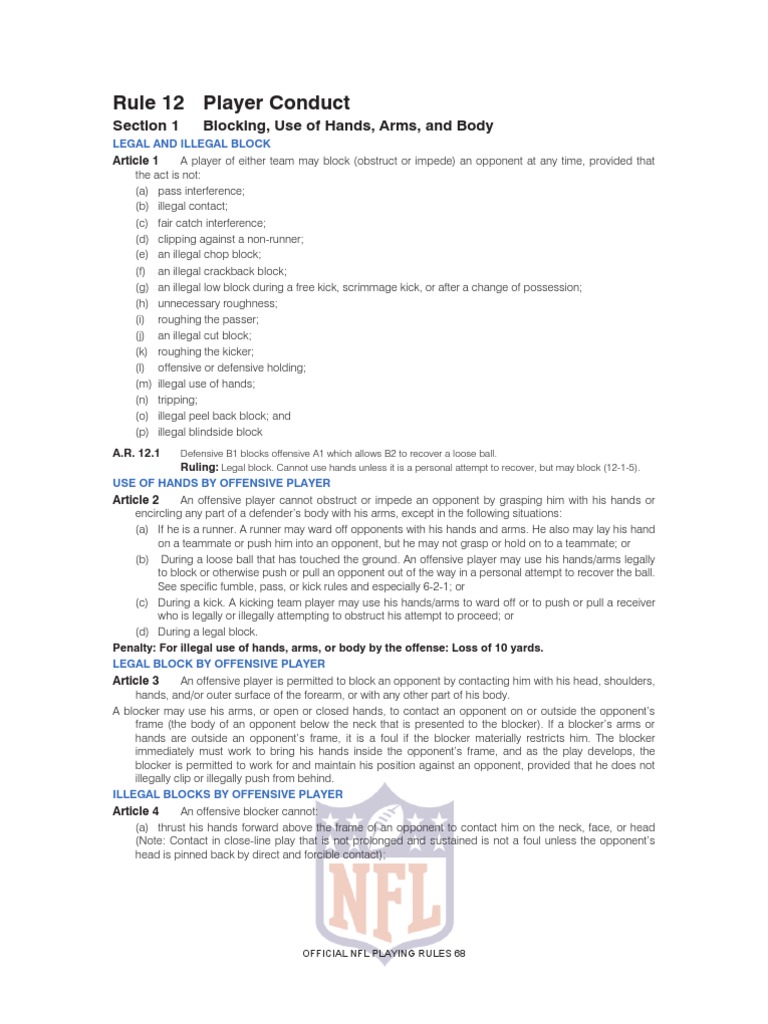 Rule 12 Player Conduct: Section 1 Blocking, Use of Hands, Arms, and ...