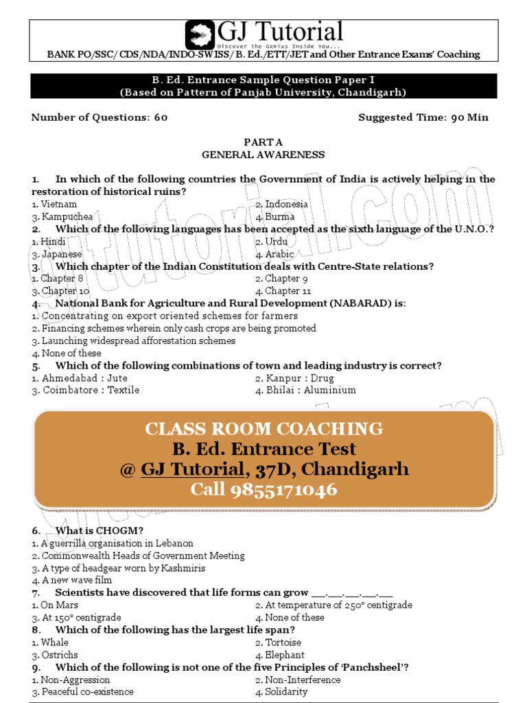 B. Ed. Entrance Sample Question Paper | PDF | Test (Assessment)