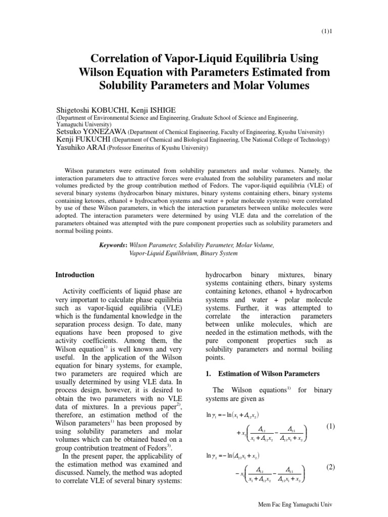 Correlation of Vapor-Liquid Equilibria Using Wilson Equation With ...