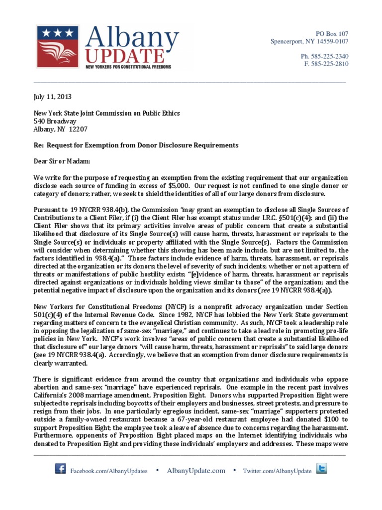 Nycf Jcope Exemption | PDF | 501(C) Organization | Anti Abortion Movements