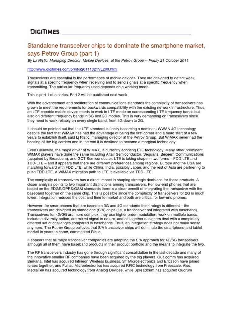 DigiTimes - Oct 2011 - Standalone Transceiver Chips To Dom | PDF | Lte (Telecommunication) | 4 G