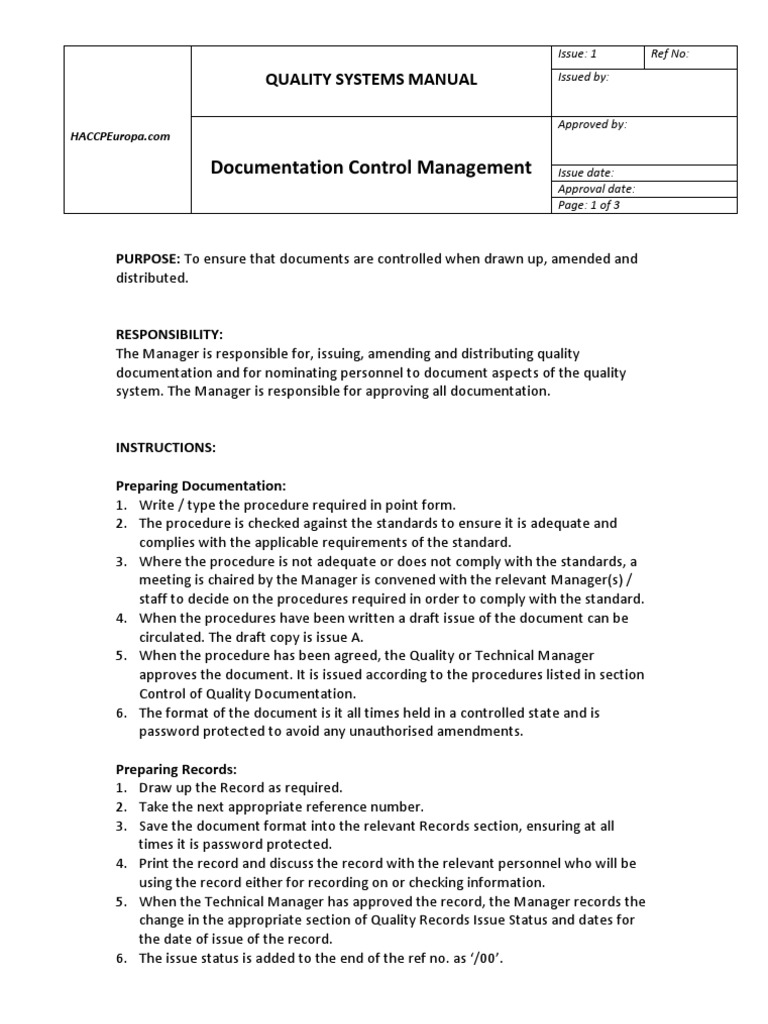 Documentation Control Management: Quality Systems Manual | PDF ...