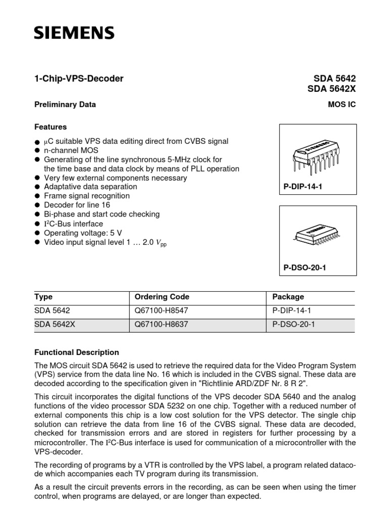 SDA 5642 SDA 5642X: Preliminary Data Mos Ic | PDF | Electrical Circuits ...