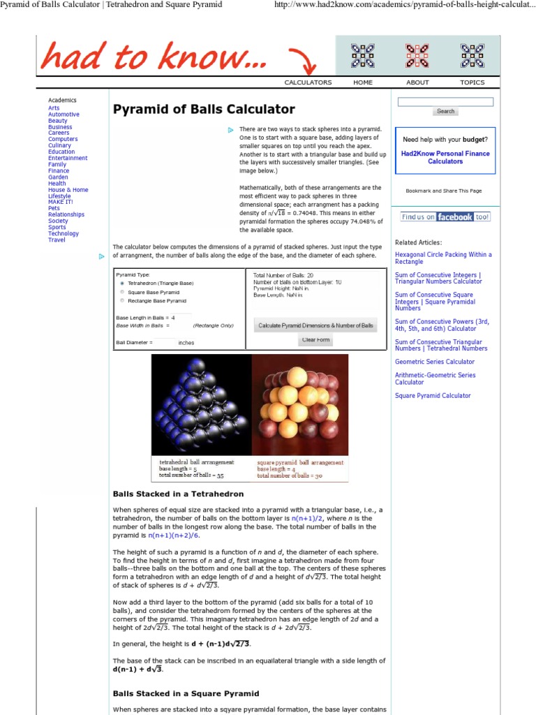 Pyramid of Balls Calculator - Tetrahedron and Square Pyramid | PDF ...