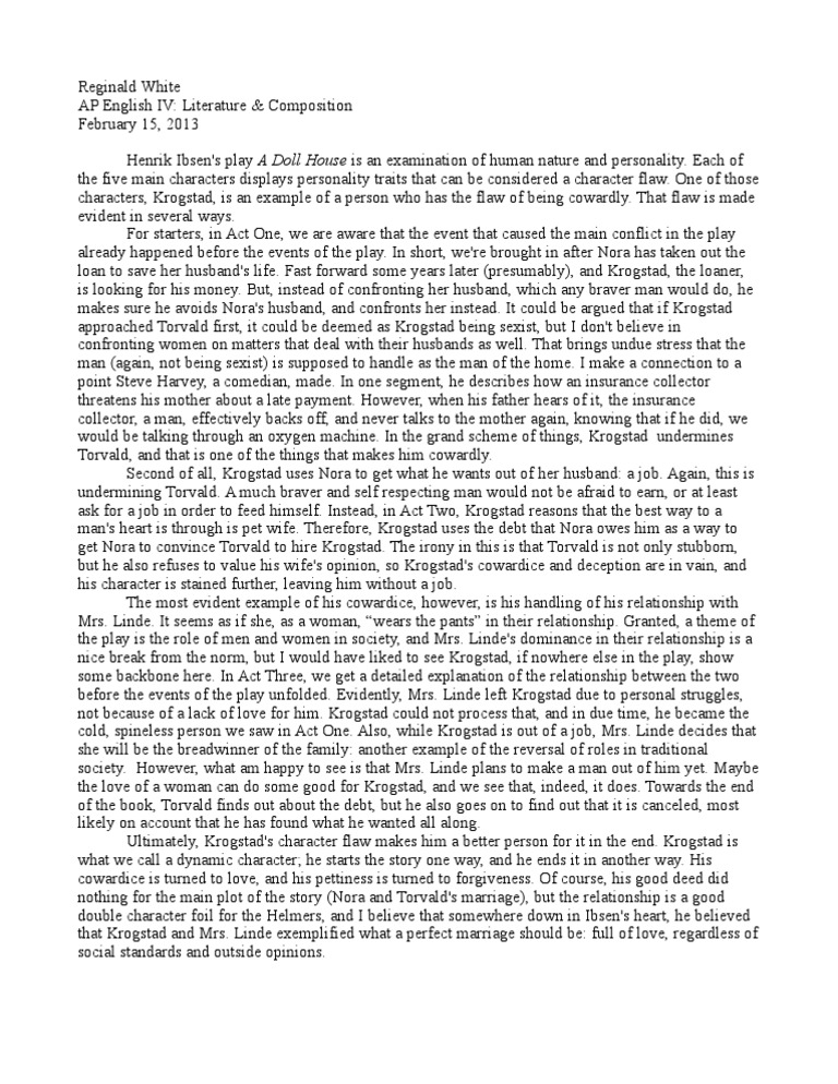 A Doll House - Character Analysis Essay | PDF | A Doll's House